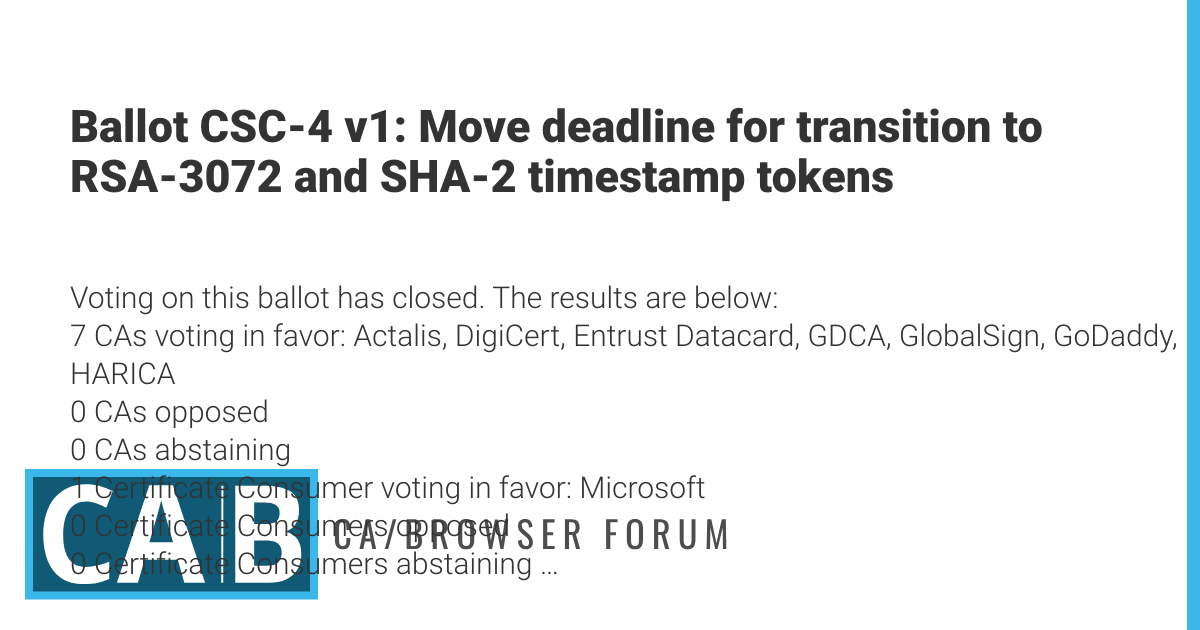 Ballot CSC-4 v1: Move deadline for transition to RSA-3072 and SHA-2 ...